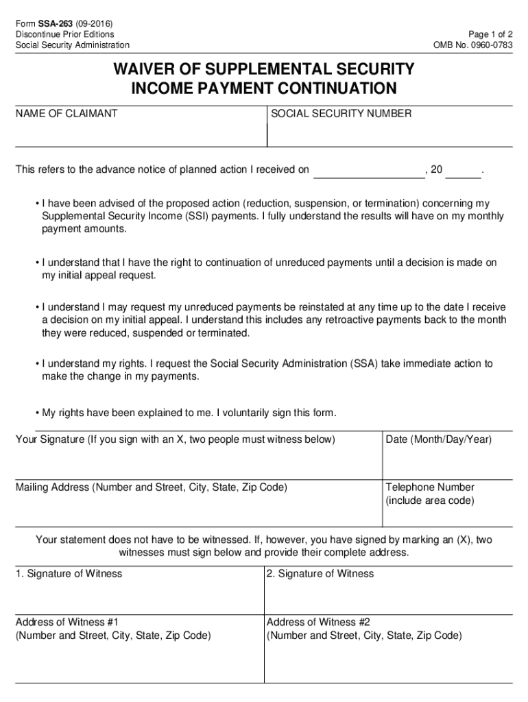 Fillable Online Form SSA-263 Waiver of Supplemental Security Income ... Fax Email Print - pdfFiller