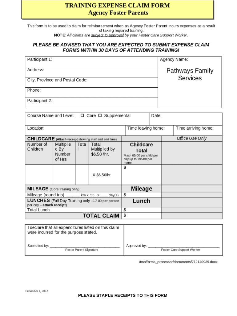 TRAINING EXPENSE CLAIM Agency Foster Parents Doc Template | pdfFiller