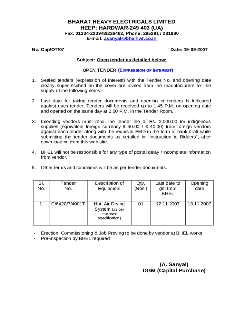 OPEN TENDER (Expression of Interest) Doc Template | pdfFiller