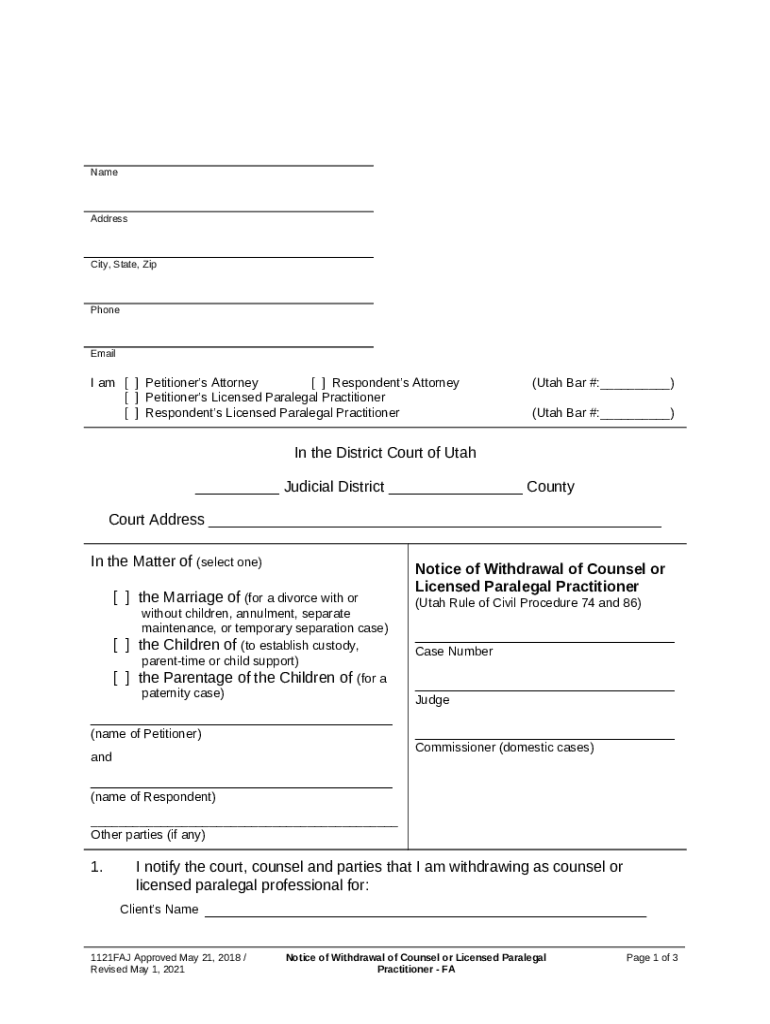 Notice of Withdrawal of Counsel or Licensed Paralegal Practitioner ...