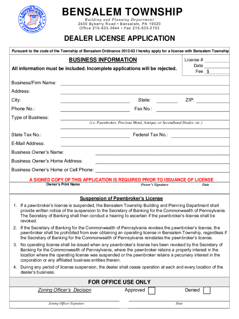 Fillable Online Pursuant to the code of the Township of Bensalem ...