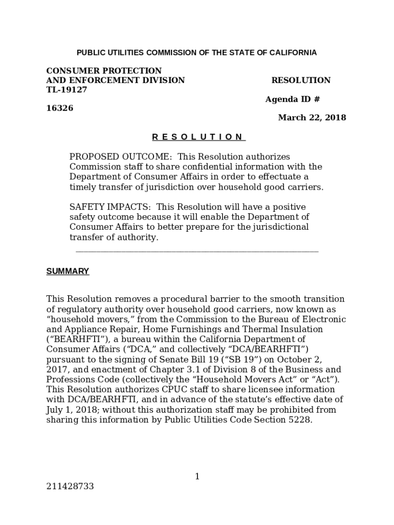 AND ENFORCEMENT DIVISIONRESOLUTION TL-19127 - docs cpuc ca Doc Template | pdfFiller