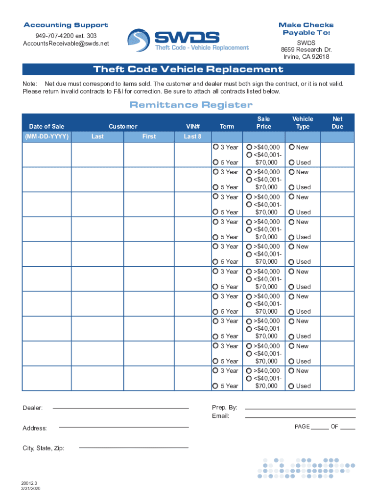 Fillable Online Theft Code Vehicle Replacement Remittance Register Fax ...