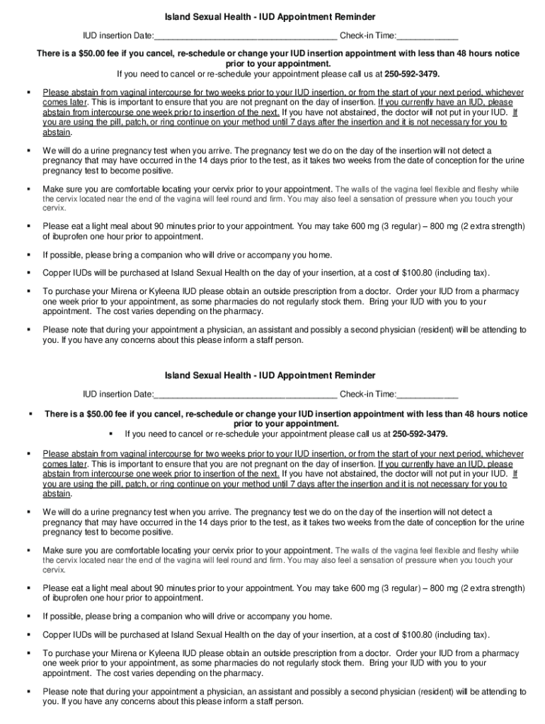 Fillable Online IUD Patient Aftercare Sheet Fax Email Print - pdfFiller