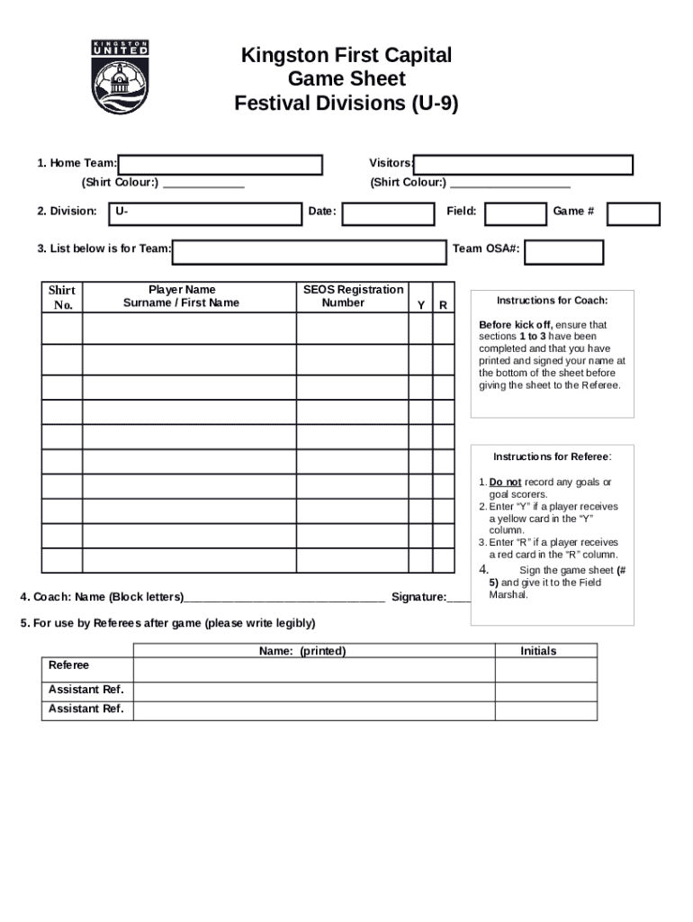 Kingston First Capital Game Sheet Festival Divisions (U-9) Doc Template ...