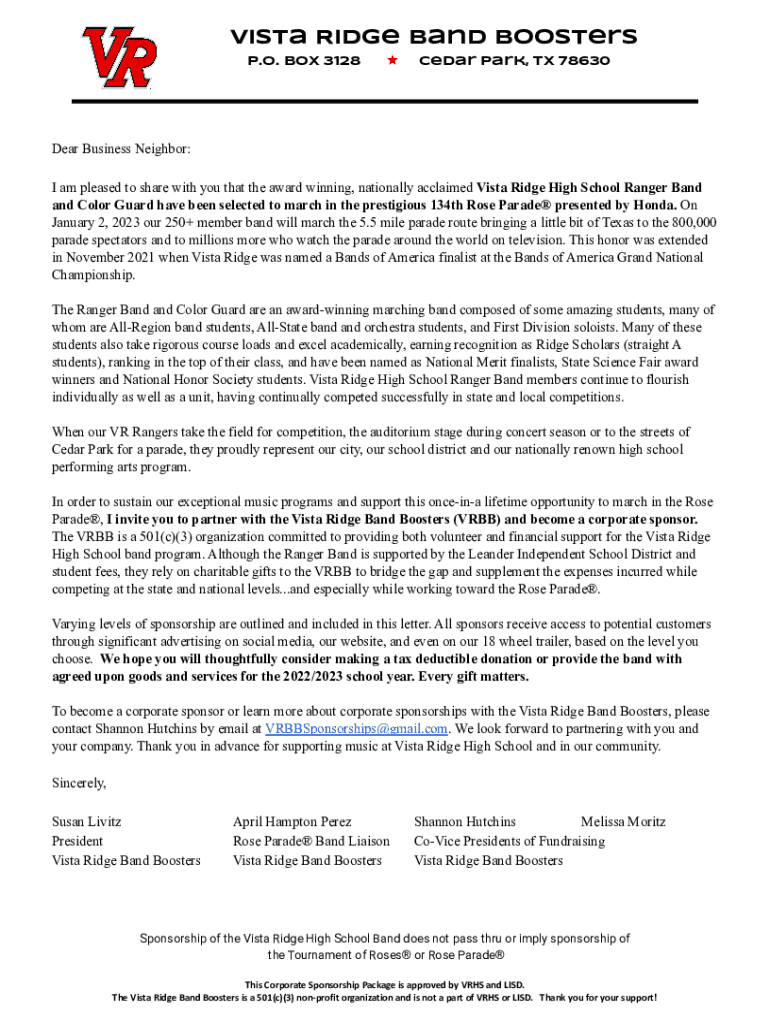 Fillable Online Vista Ridge Ranger Band - Vista Ridge HS Band - VRHS ...