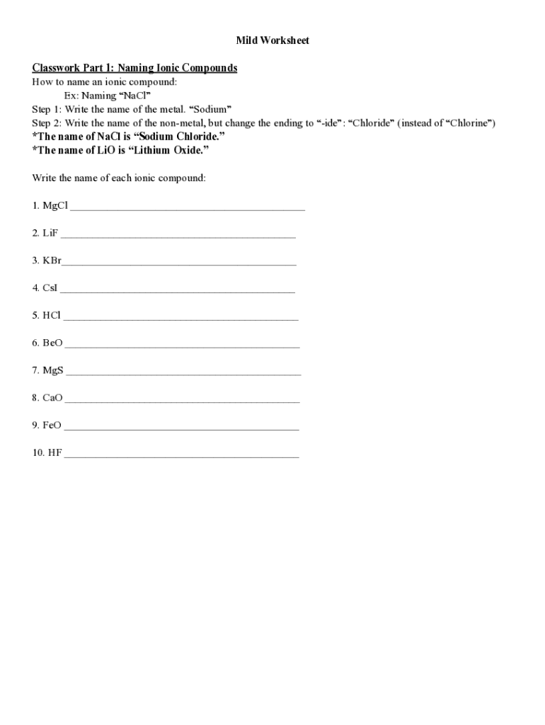Fillable Online Mild Worksheet Classwork Part 1: Naming Ionic Compounds Fax Email Print - pdfFiller