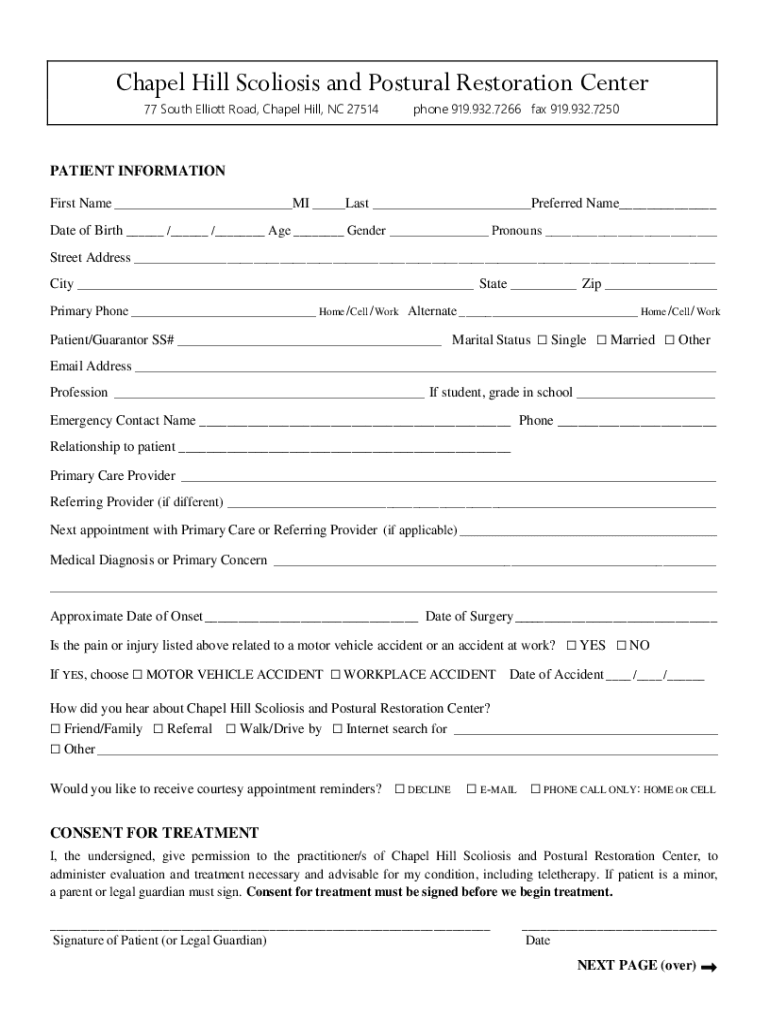 Fillable Online Chapel Hill Scoliosis and Postural Restoration Center ...