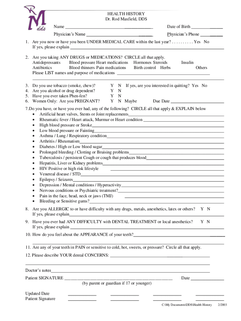 Fillable Online HEALTH HISTORYplease complete yearly to help us stay current with your health ...