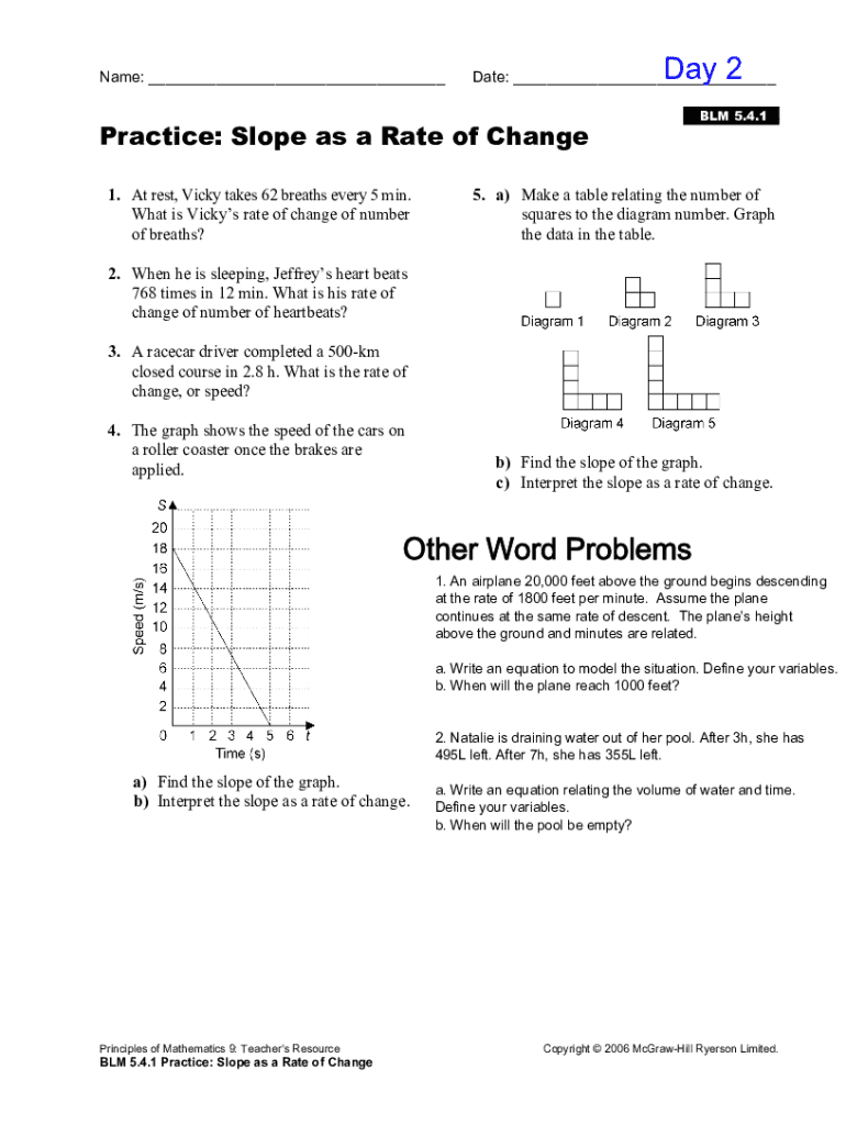 Fillable Online 5.4 - Slope as a Rate of Change Worksheet - MPM1D ...