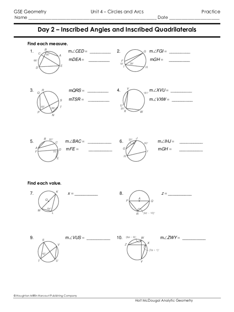 Fillable Online Inscribed Angles and Inscribed Quadrilaterals in Circles Fax Email Print - pdfFiller