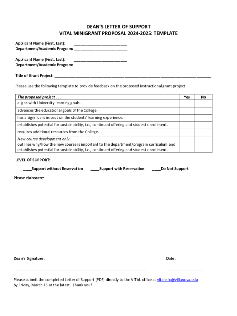 Fillable Online www1 villanova Template Dean Letter of Support VITAL Minigrant Proposal Fax ...