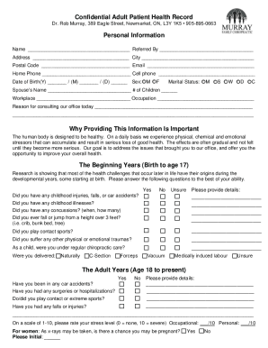 Fillable Online Confidential Adult Patient Health Record Personal ...