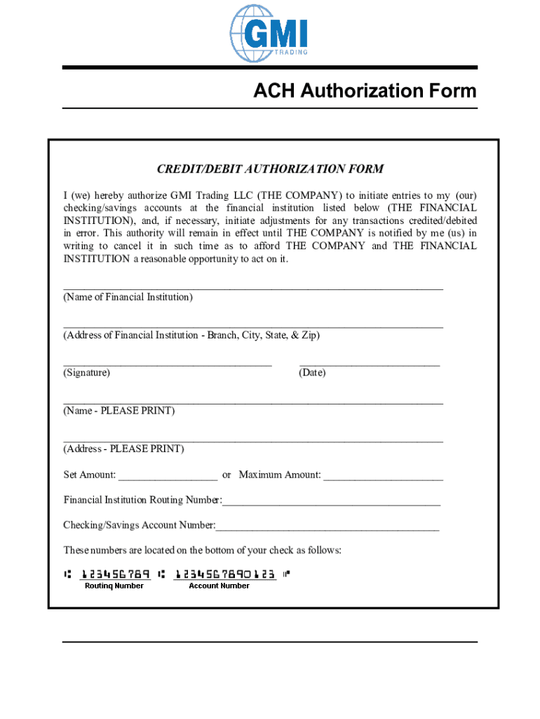 Fillable Online ACH Authorization Form - GMI Trading Fax Email Print ...