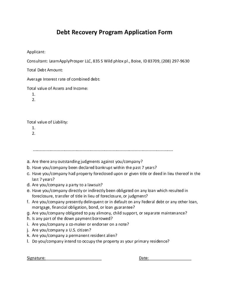 Fillable Online Debt Recovery Program Application Form Fax Email Print ...