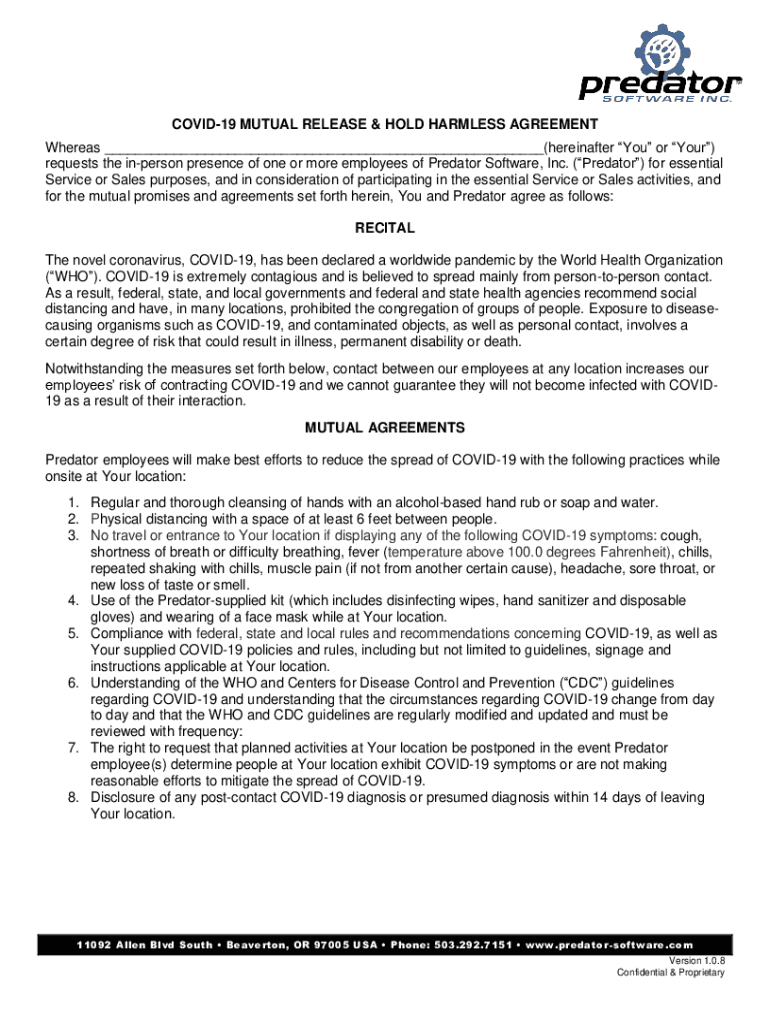 Fillable Online covid-19 mutual release & hold harmless agreement Fax Email Print - pdfFiller