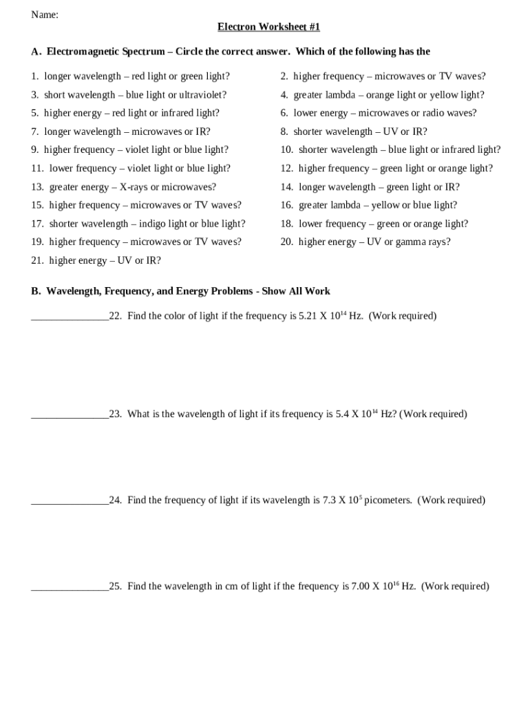 Name: Electron Worksheet #1 A. Electromagnetic Spectrum Doc Template ...