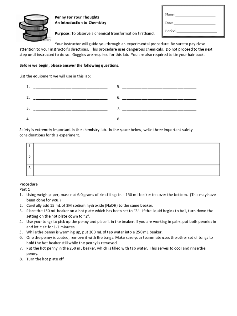 Fillable Online Penny For Your Thoughts An Introduction to Chemistry ...