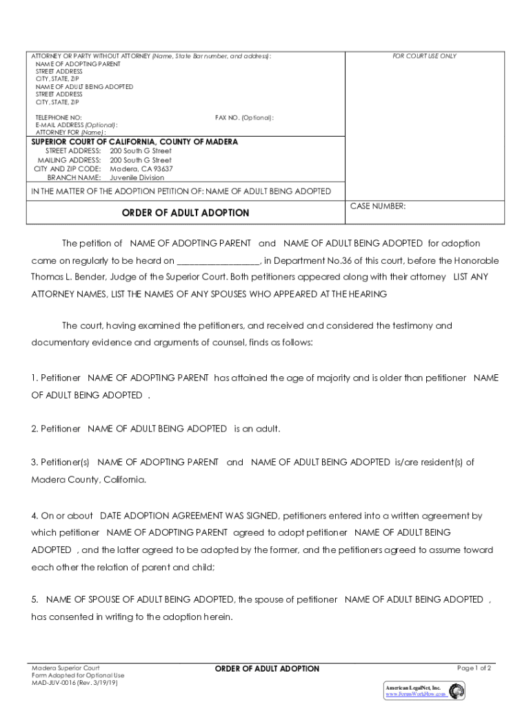 Fillable Online Order of Adult Adoption (SAMPLE) (MAD-JUV-016) Fax ...