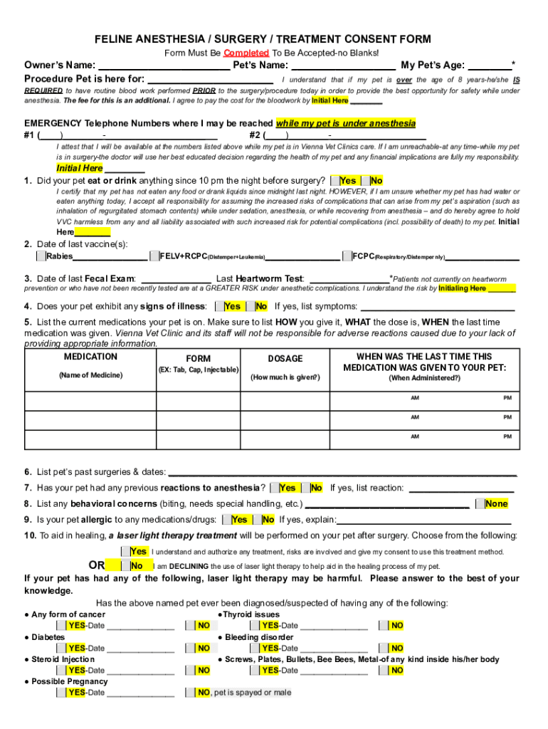 Fillable Online feline anesthesia / surgery / treatment consent form ...