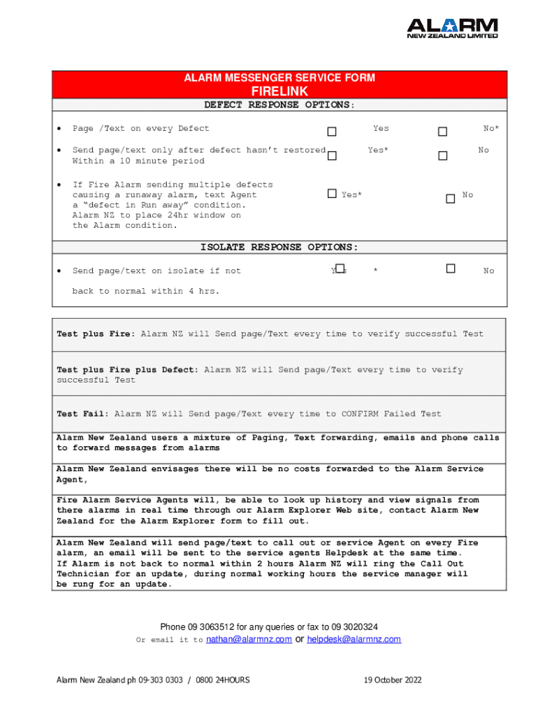 Fillable Online alarm messenger service form - firelink - defect ...