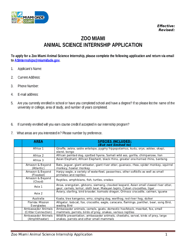 zoo miami animal science internship application Doc Template | pdfFiller