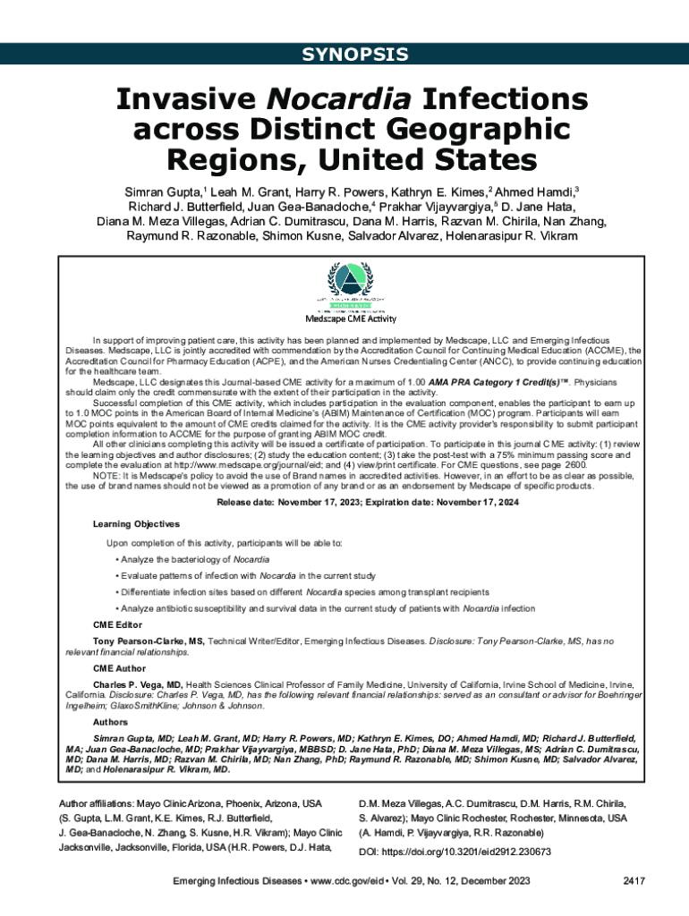 Fillable Online wwwnc cdc Invasive Nocardia Infections across Distinct ...
