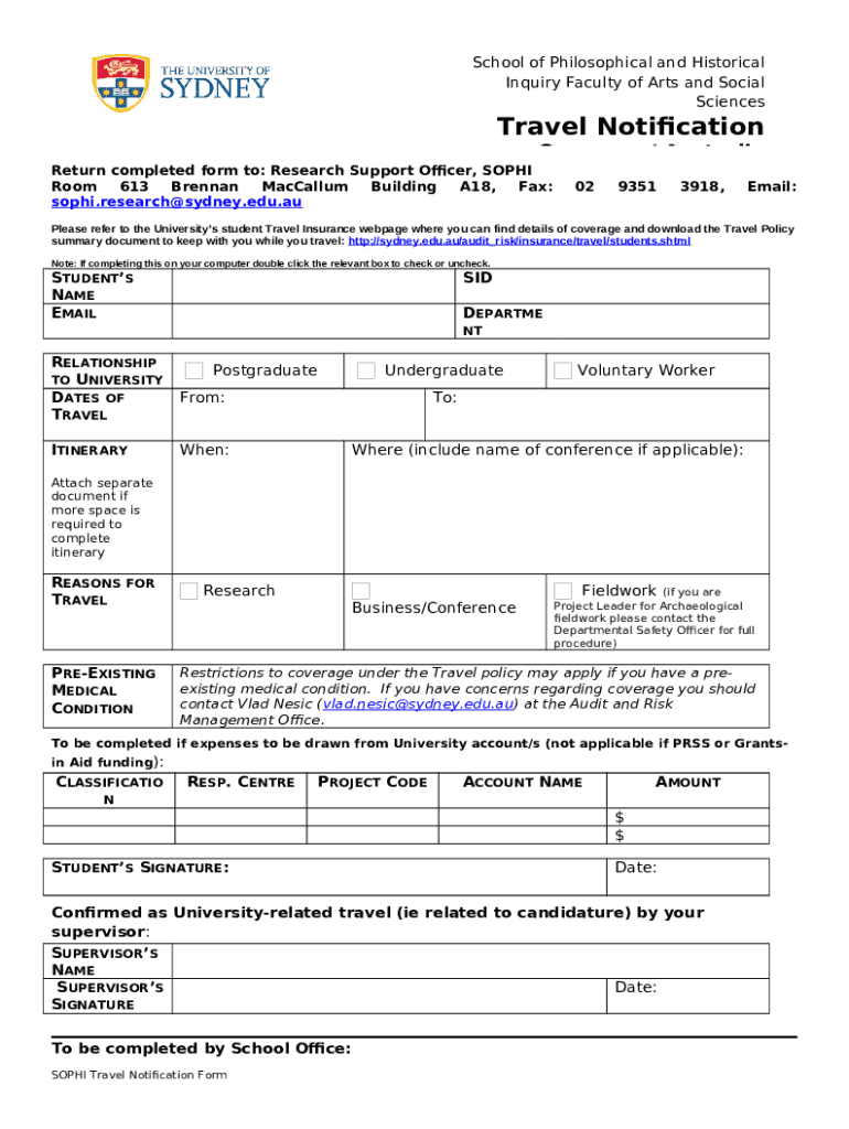School of Philosophical and Historical Inquiry travel notifcation . PG travel notification Doc ...