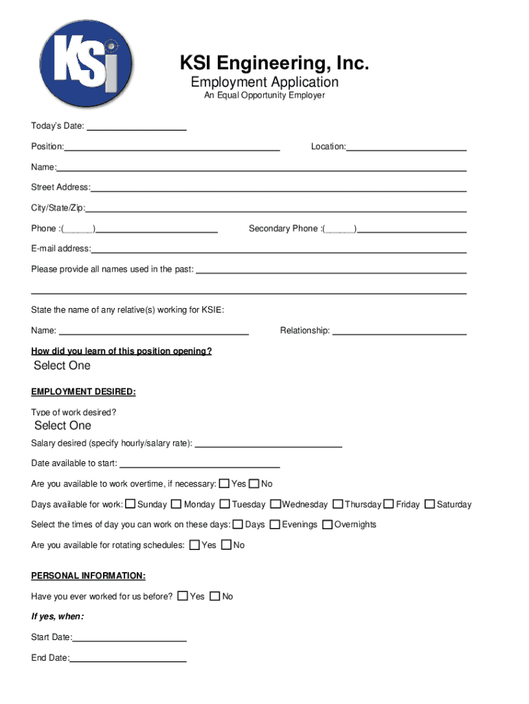 Fillable Online KSI Engineering, Inc. - Employment Application Fax ...