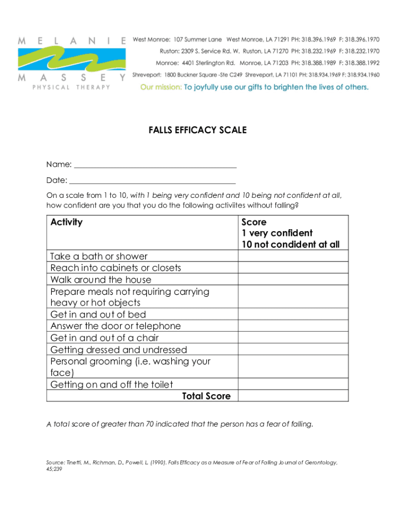Fillable Online Falls Efficacy Scale: Assessing Confidence in Daily ...