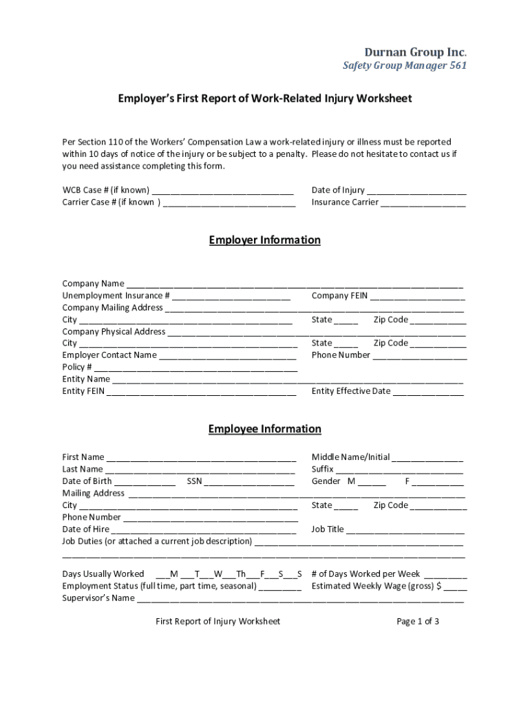 Fillable Online Employer's First Report of Work-Related Injury Worksheet Fax Email Print - pdfFiller