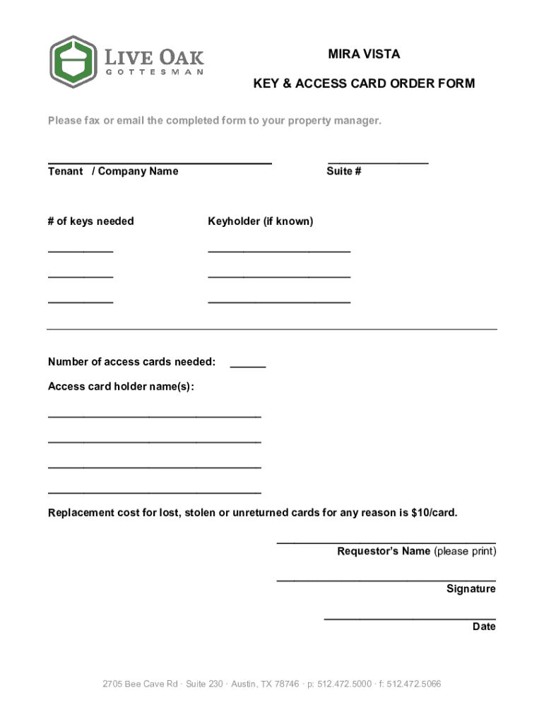Fillable Online MIRA VISTA KEY & ACCESS CARD ORDER FORM - Mira Vista's ...