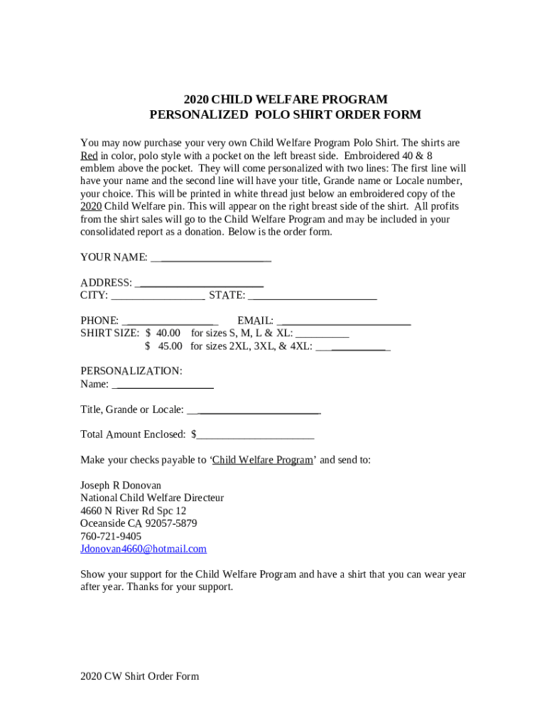 2013CHILD WELFARE PROGRAMPERSONLIZEDPOLO SHIRT ORDER Doc Template | pdfFiller