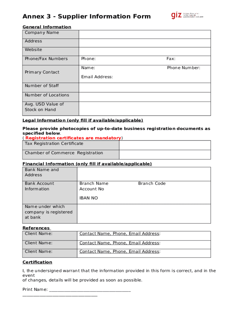 Supplier ination including the company name full Doc Template | pdfFiller