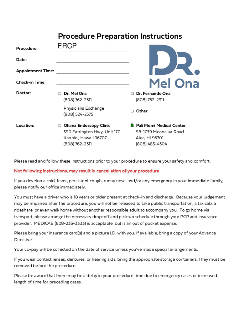 Fillable Online Procedure Preparation Instructions - ERCP Fax Email ...