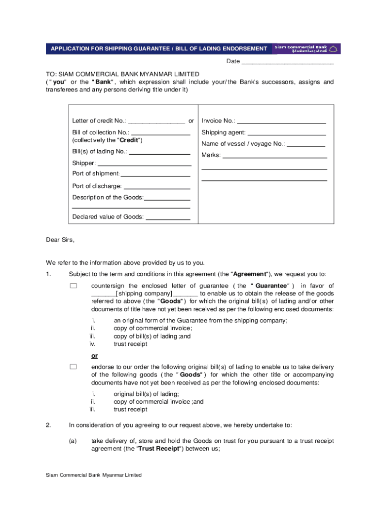 Fillable Online application for shipping guarantee / bill of lading ...