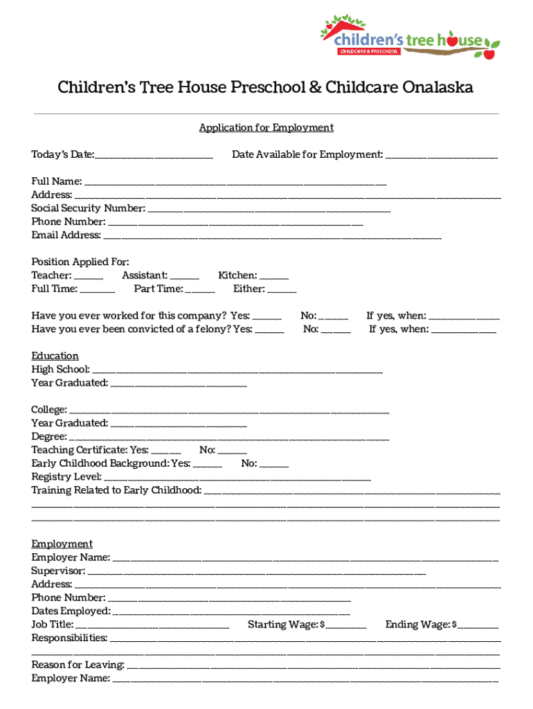 Fillable Online Children's Tree House Preschool & Childcare Onalaska ...