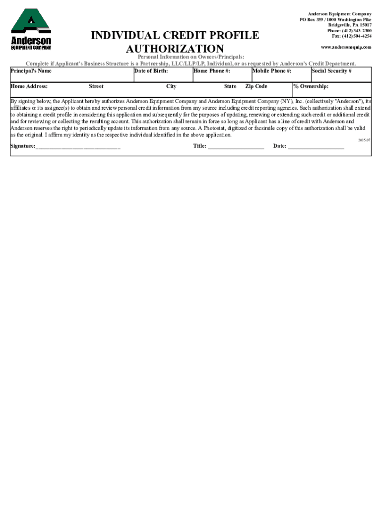Fillable Online INDIVIDUAL CREDIT PROFILE AUTHORIZATION Fax Email Print ...