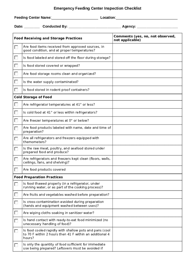 Emergency Feeding Center Inspection Checklist Doc Template | pdfFiller