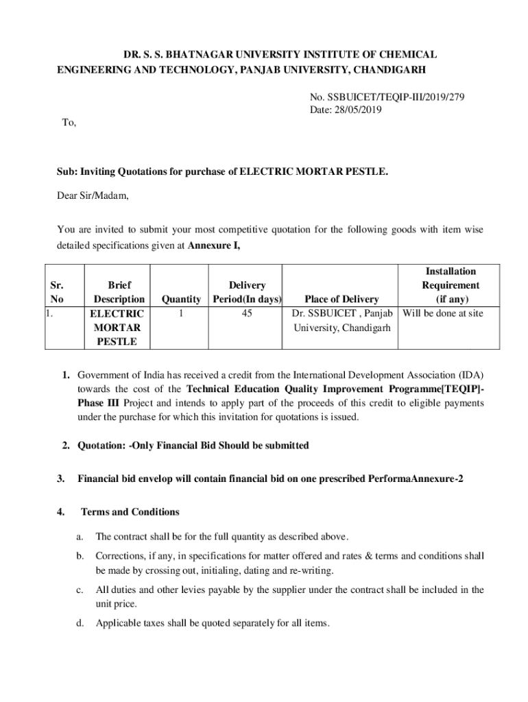 Fillable Online electric mortar pestle - Teqip-III - Panjab University Fax Email Print - pdfFiller