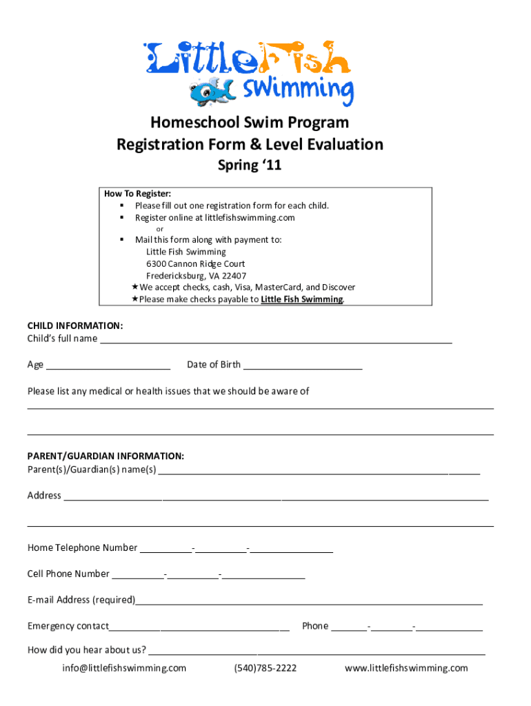 Fillable Online Homeschool Swim Program Registration Form & Level ...