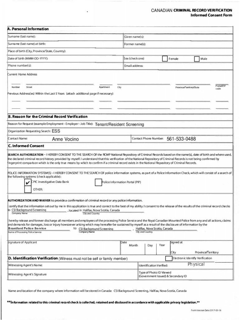 Fillable Online CRIMINAL RECORD CHECK (CRC) Informed Consent Form Fax ...