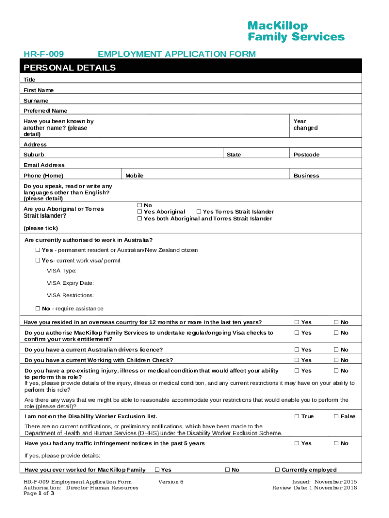 hr-f-009 employment application Doc Template | pdfFiller