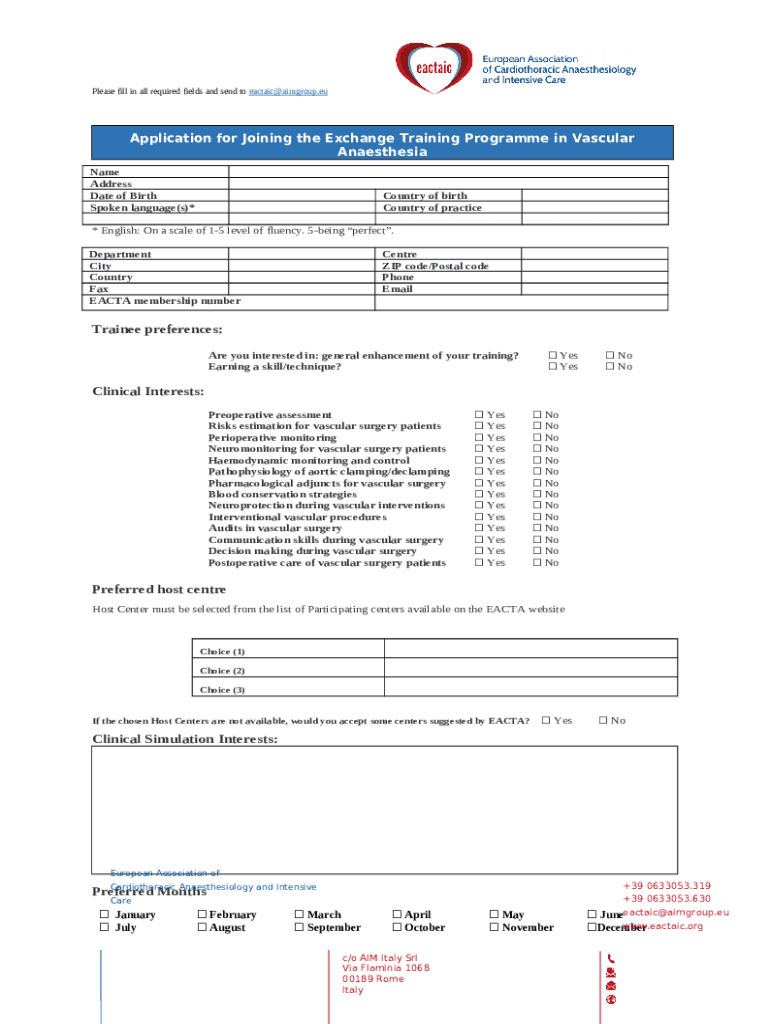 Application for Joining the Exchange Training Programme in Vascular Anaesthesia Doc Template ...