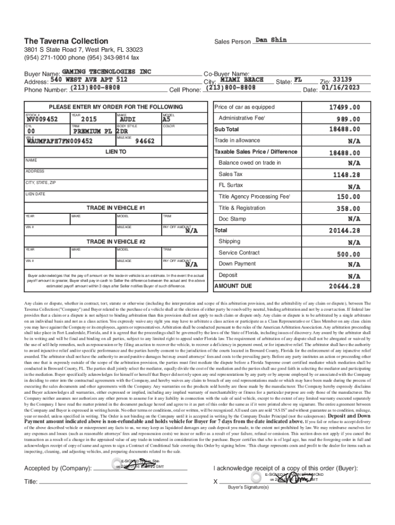 Fillable Online The Taverna Collection - Used Car Dealer - Dealership ...