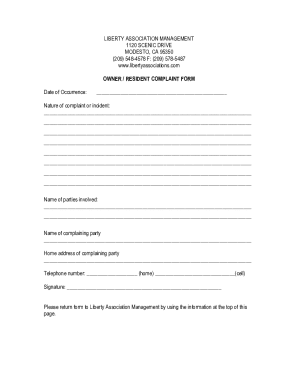 Fillable Online Owner / Resident Complaint Form Fax Email Print - pdfFiller