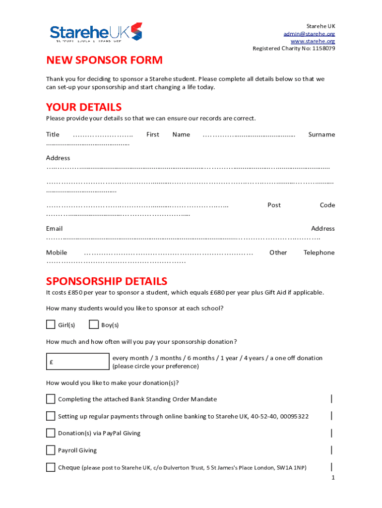 Fillable Online Sponsor or part-sponsor a student Fax Email Print ...