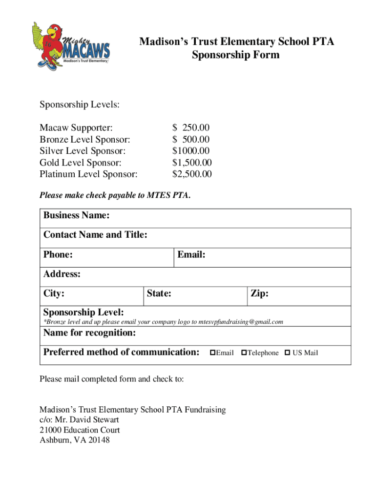 Fillable Online Madison's Trust Elementary School PTA Sponsorship Form ...