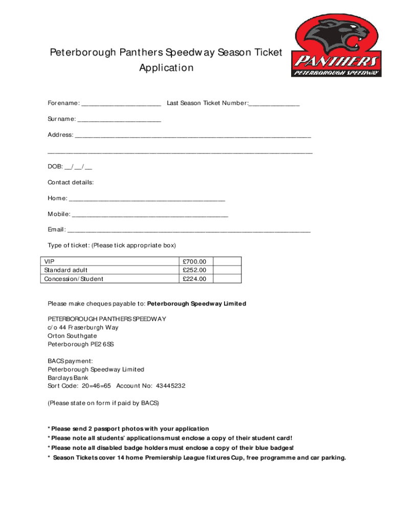 Fillable Online Peterborough Panthers Speedway Season Ticket ...