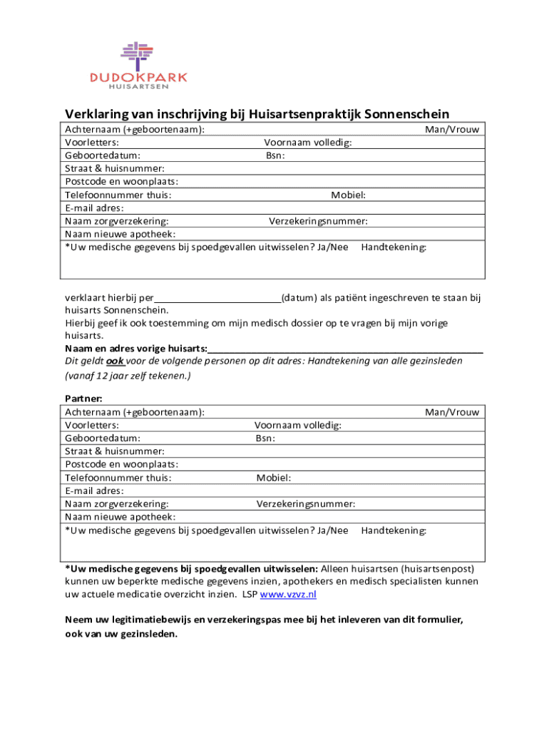 Invulbaar Online Verklaring van inschrijving bij Huisartsenpraktijk ...
